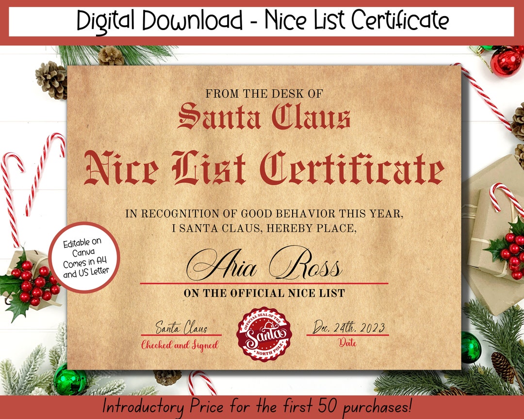 Official Nice List Certificate From Santa, Letter From Santa, Printable ...