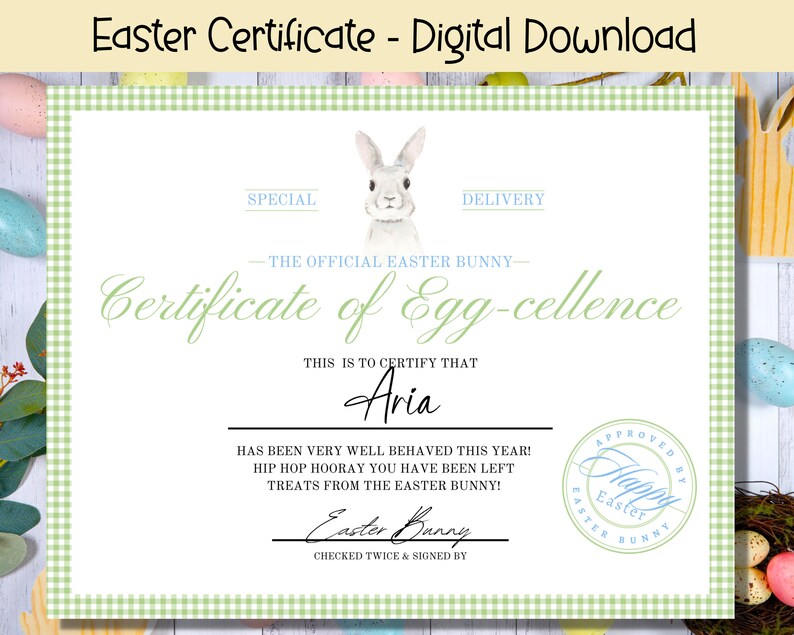 EDITABLE Certificate From Easter Bunny Green Printable Easter - Etsy ...