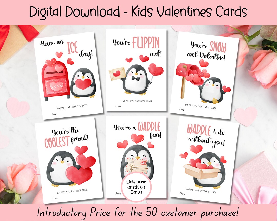EDITABLE Penguin Valentine Cards, Classroom Valentines Day Cards, Kids ...