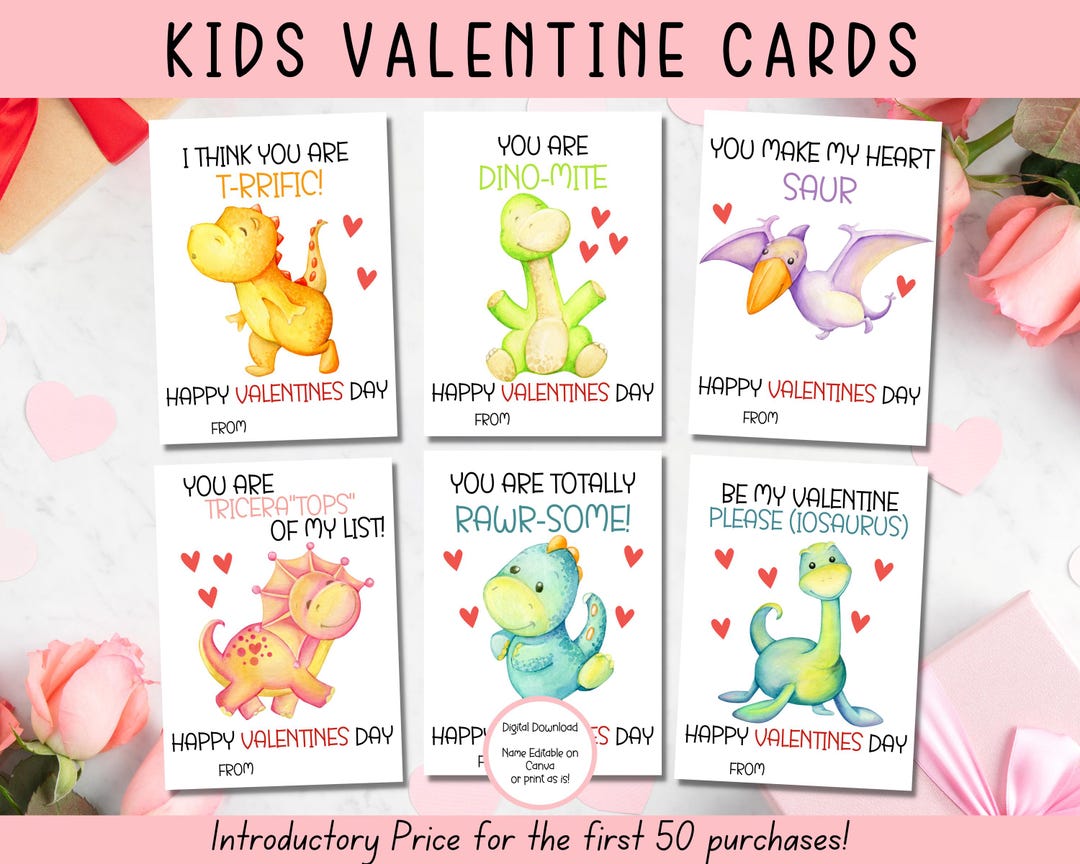 EDITABLE Printable Dinosaur Valentine Cards, Classroom Valentines Day ...