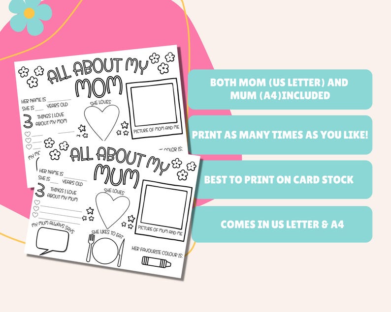 Mother's Day Printable, All About My Mom, Mothers Day Gift, Card for ...