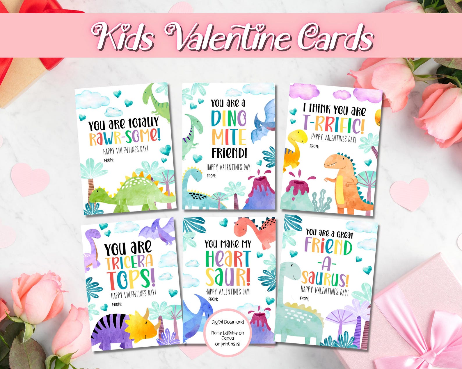 EDITABLE Printable Dinosaur Valentine Card, Classroom Valentines Day ...