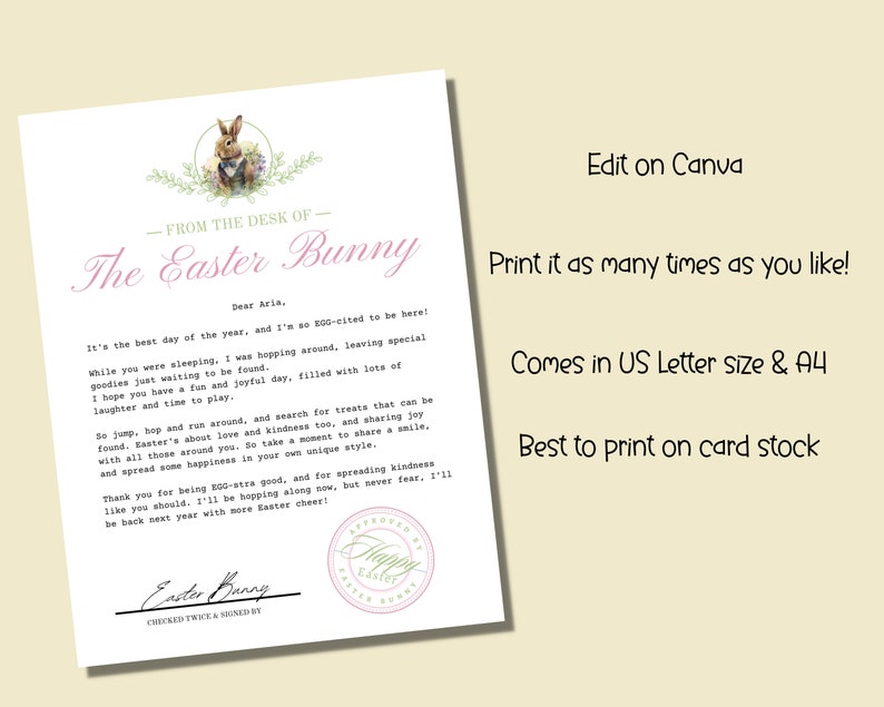 EDITABLE Letter From Easter Bunny Pink Printable Easter Bunny - Etsy