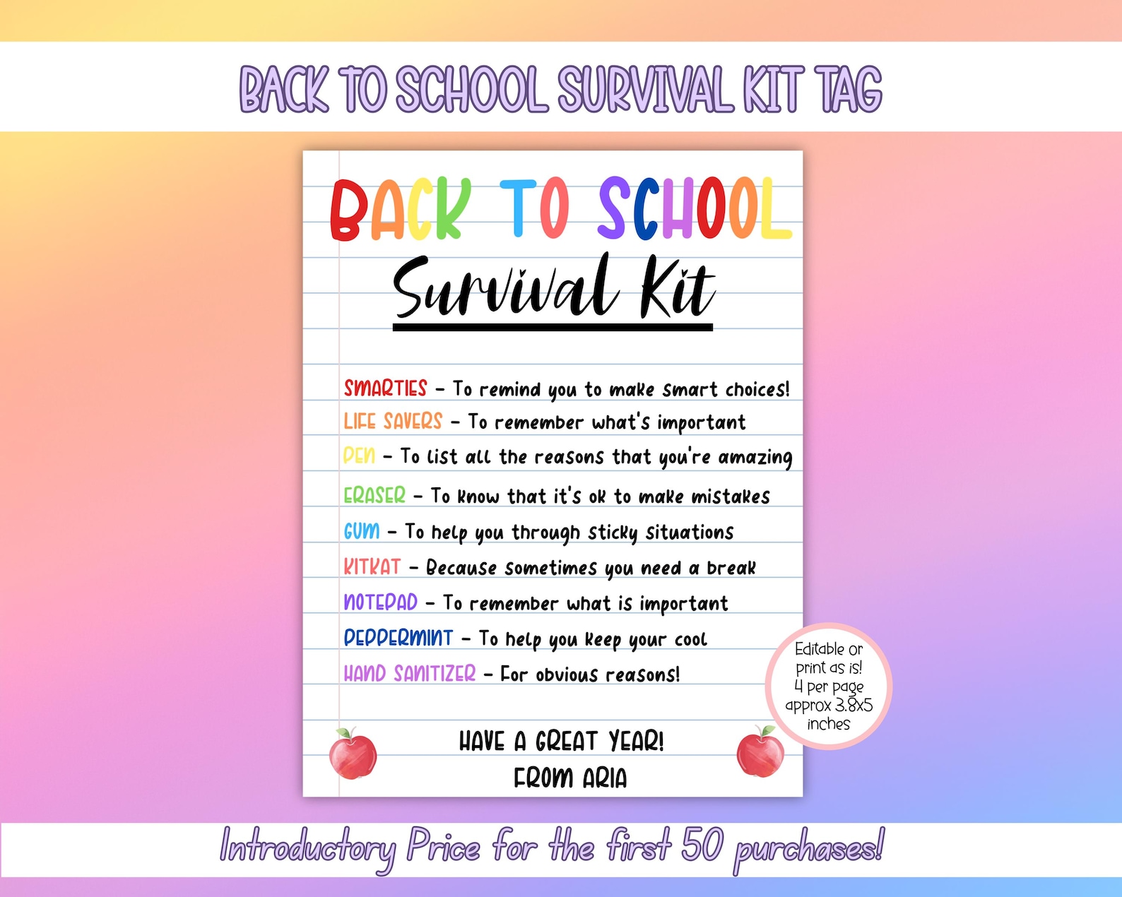 EDITABLE Back to School Survival Kit, First Day of School Gift Tag ...