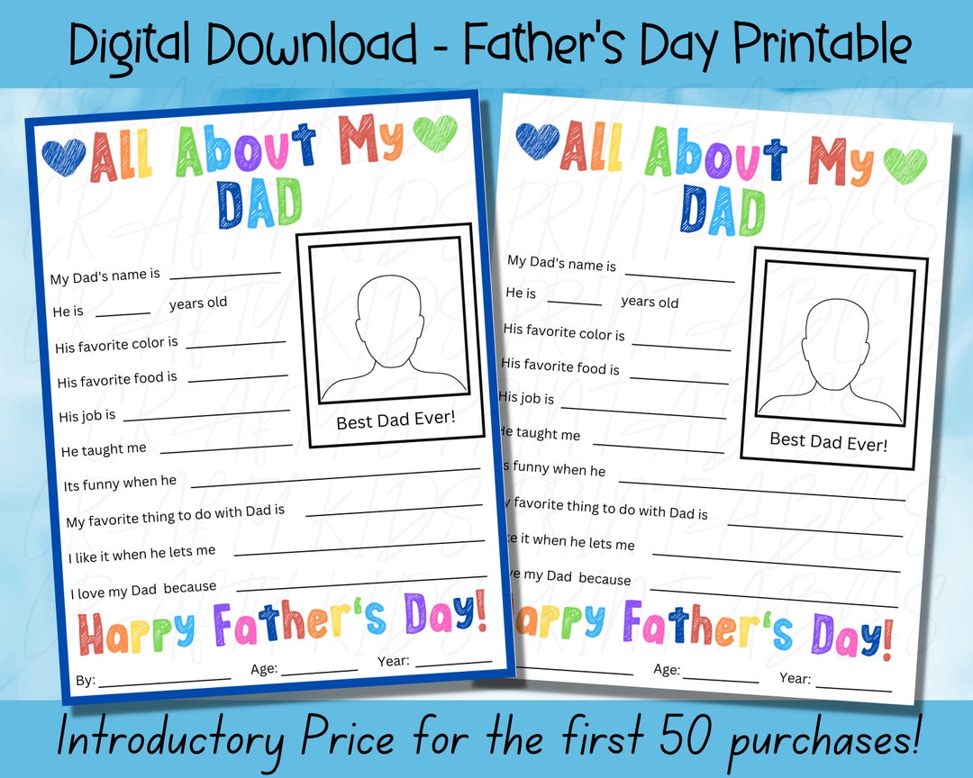 Father's Day Printable, All About My Dad, Fathers Day Gift, Card for ...