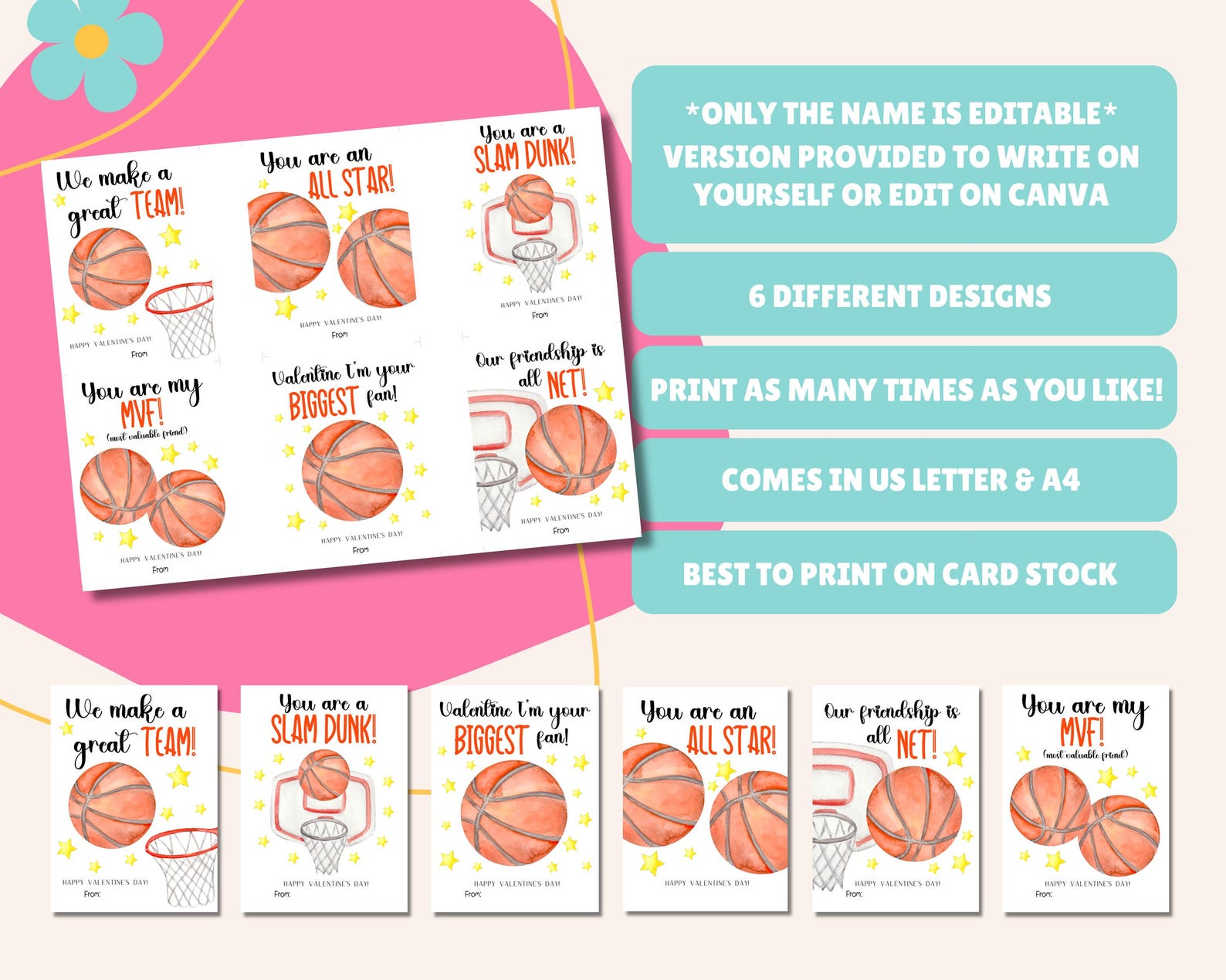 EDITABLE Printable Basketball Valentine Cards, Classroom Valentines Day ...