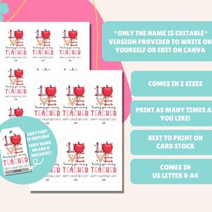 EDITABLE Teacher Valentine Gift Tags, Valentine Teacher Gift, Printable ...