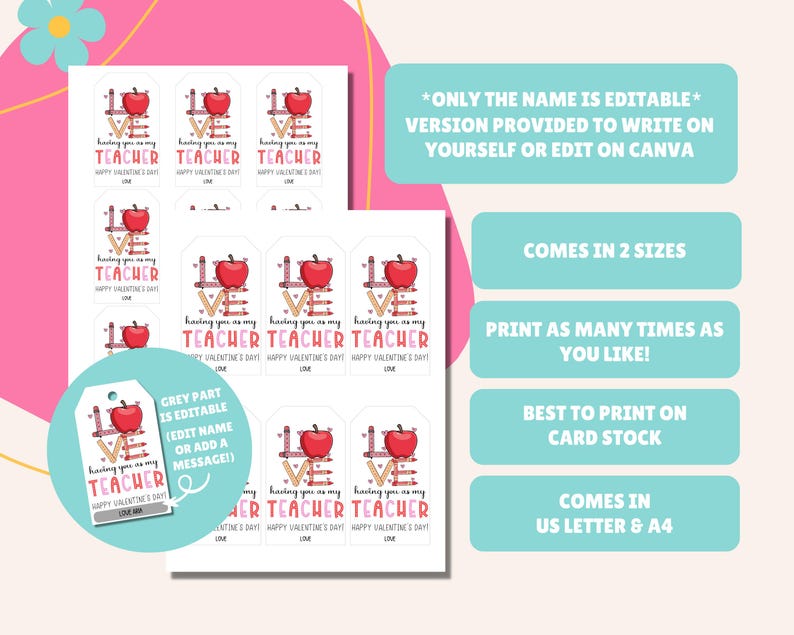 EDITABLE Teacher Valentine Gift Tags, Valentine Teacher Gift, Printable ...