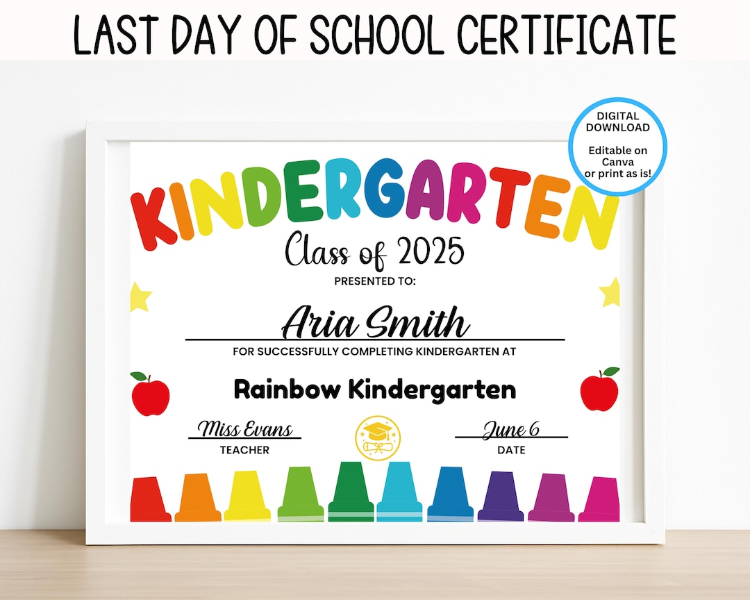 EDITABLE Last Day of Kindergarten Certificate, Kindergarten Graduation ...