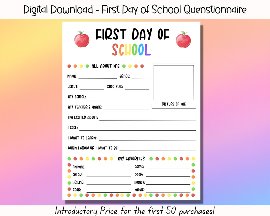 First Day of School Questionnaire, Back to School Questionnaire, Back to School Printable, First ...