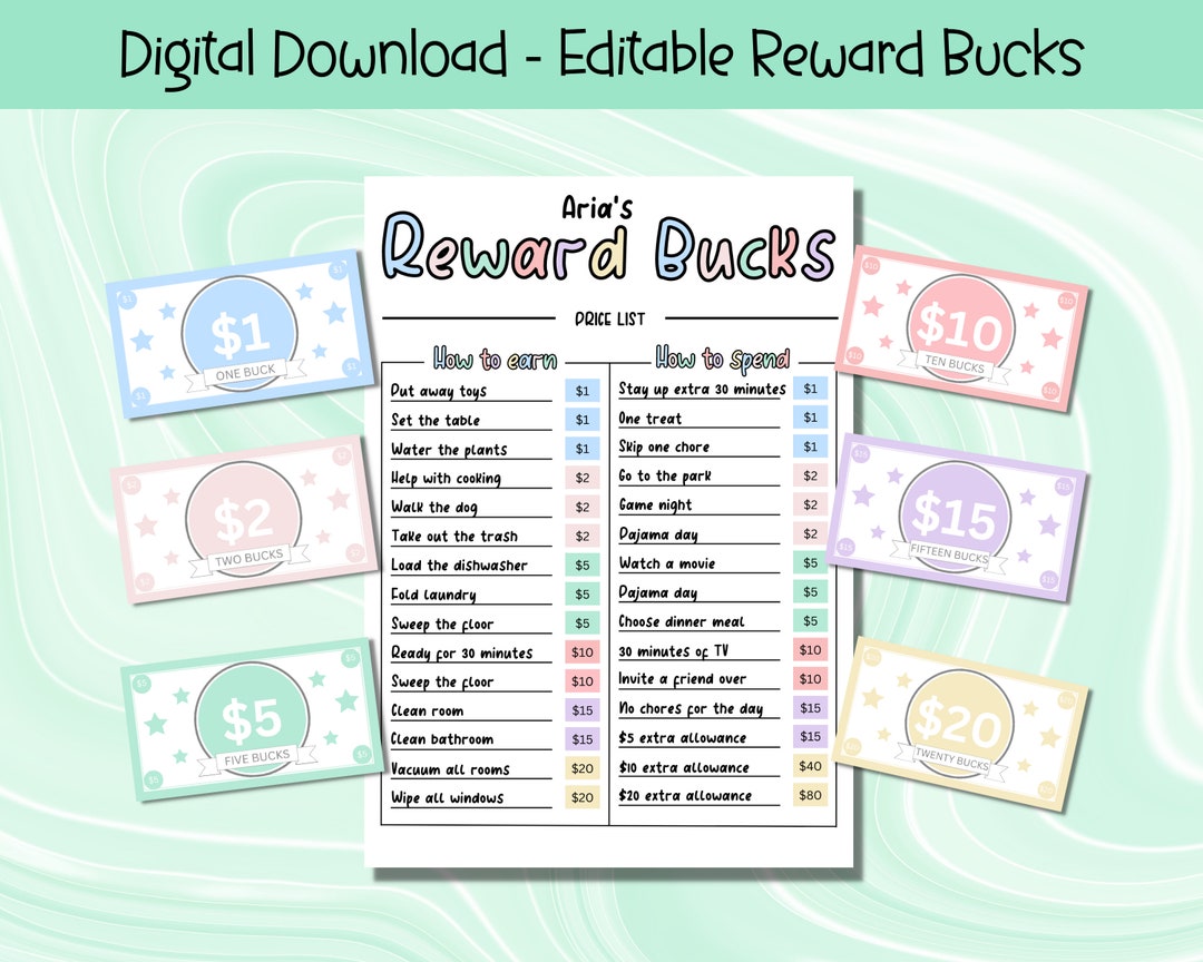 EDITABLE Reward Bucks, Play Money, Kids Chore Chart, Mom Bucks, Kids ...