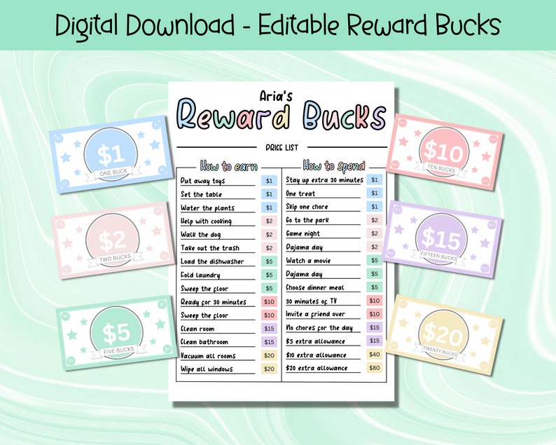 EDITABLE Reward Bucks, Play Money, Kids Chore Chart, Mom Bucks, Kids ...