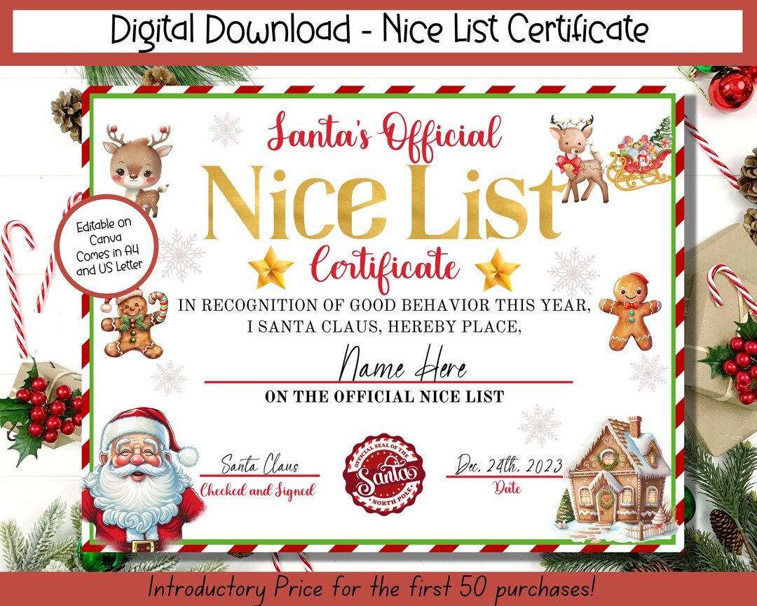 Official Nice List Certificate From Santa Letter From Santa - Etsy