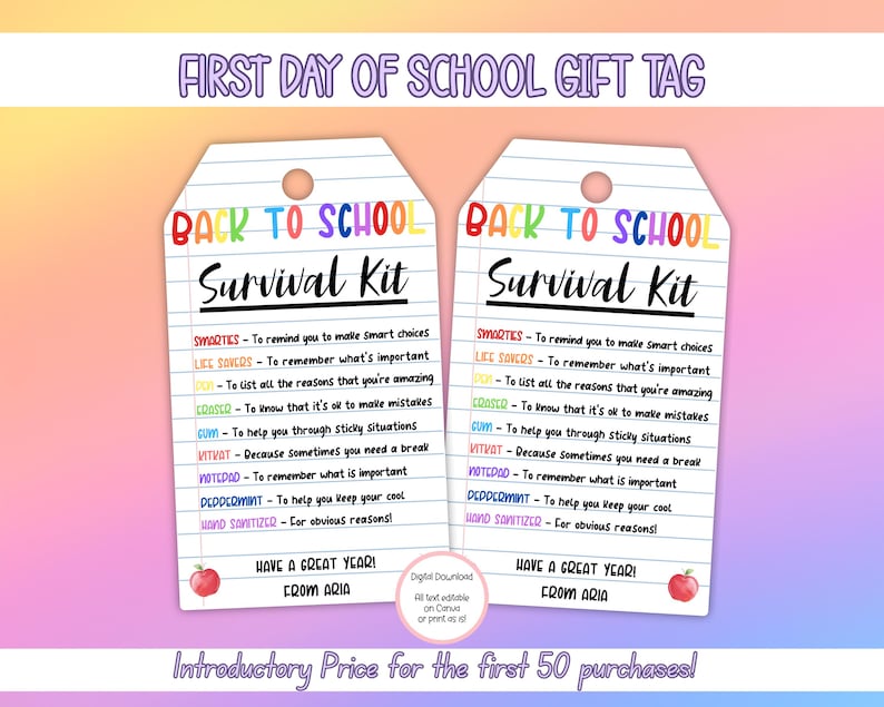 EDITABLE Back to School Survival Kit, First Day of School Gift Tag ...