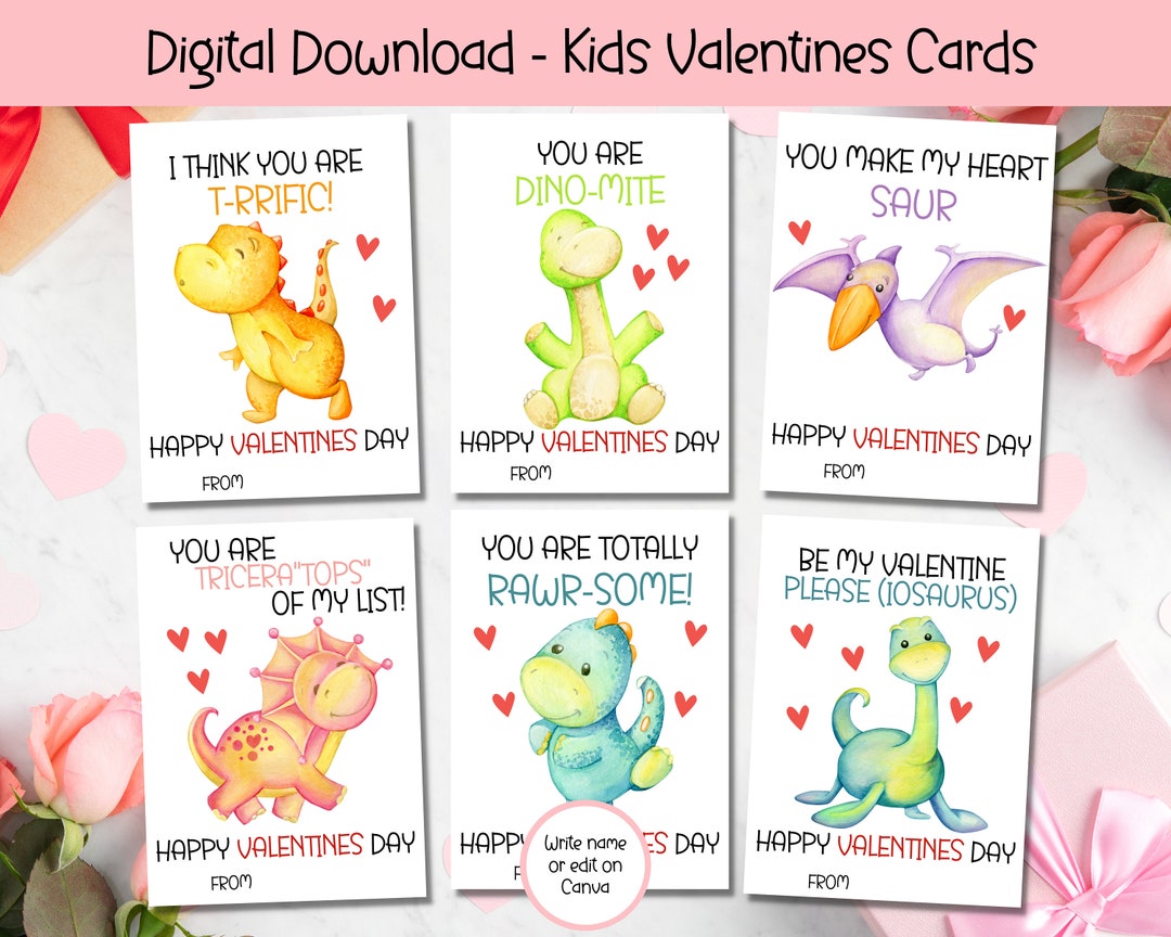 EDITABLE Printable Dinosaur Valentine Cards, Classroom Valentines Day ...