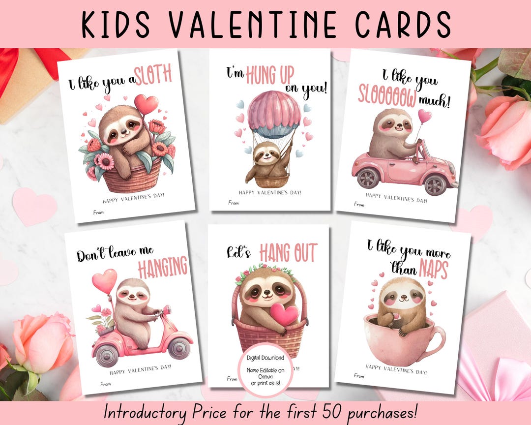 EDITABLE Printable Sloth Valentine Card, Classroom Valentines Day Cards ...