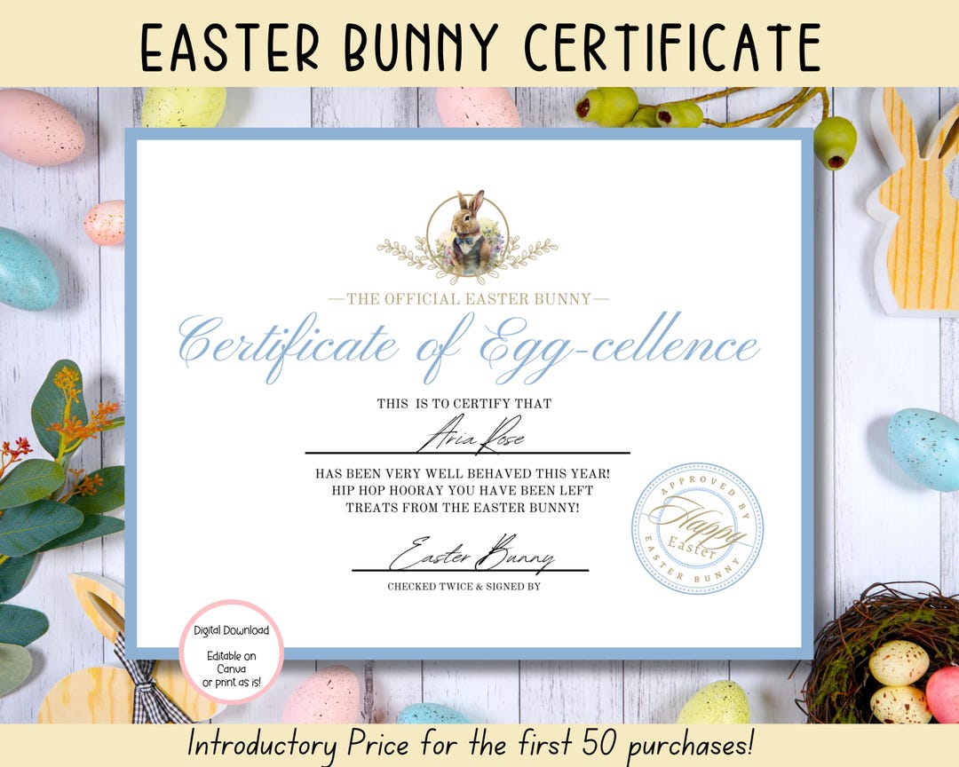 EDITABLE Certificate From Easter Bunny, Blue Printable Easter Bunny ...
