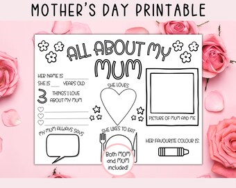 Mother's Day Printable, All About My Mum, Mothers Day Gift, Card for ...