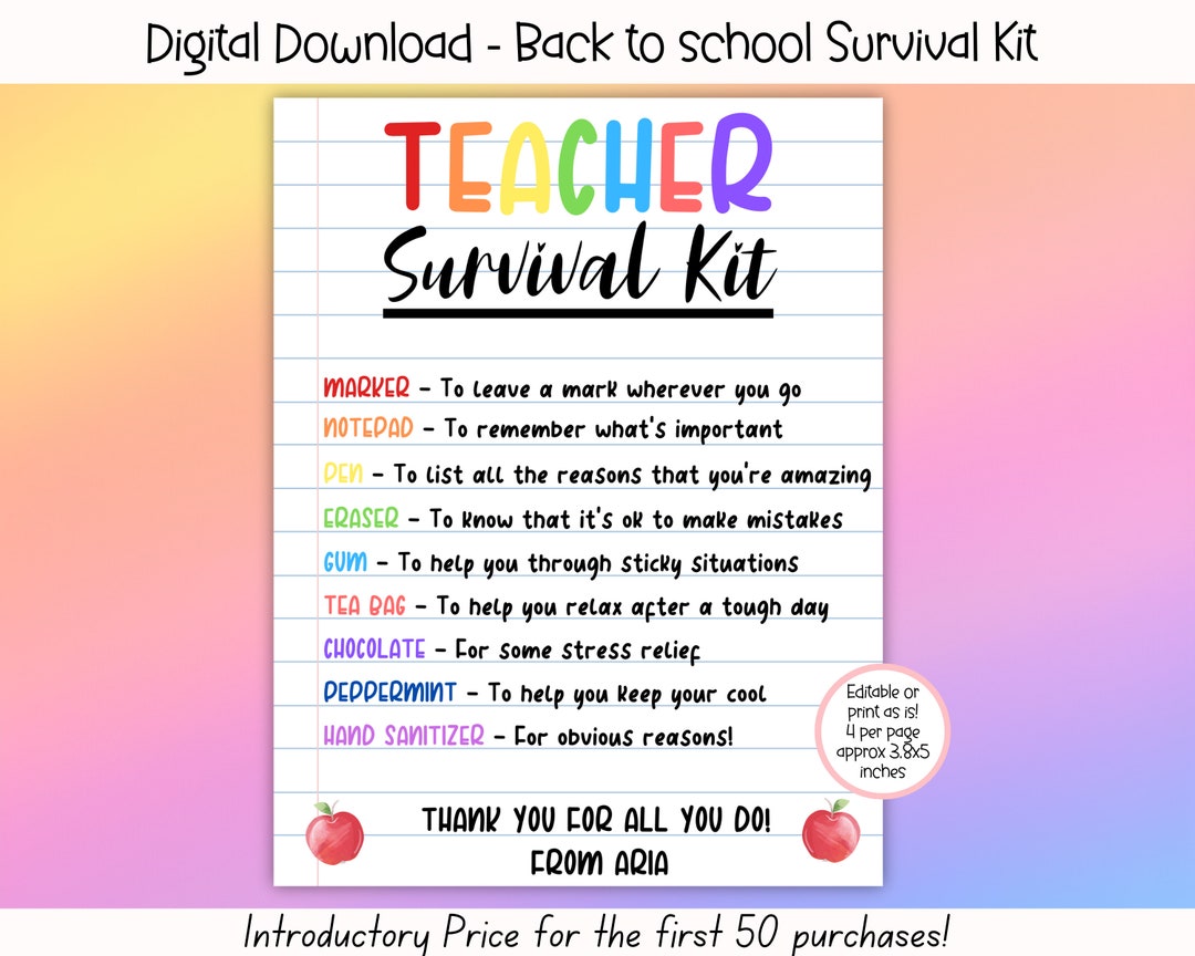 EDITABLE Teacher Survival Kit, First Day of School Gift Tag, Back to ...