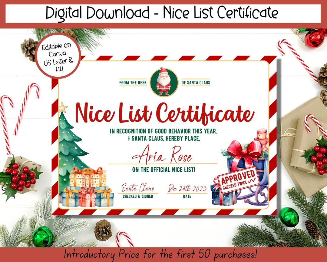 Official Nice List Certificate From Santa, Letter From Santa, Printable ...