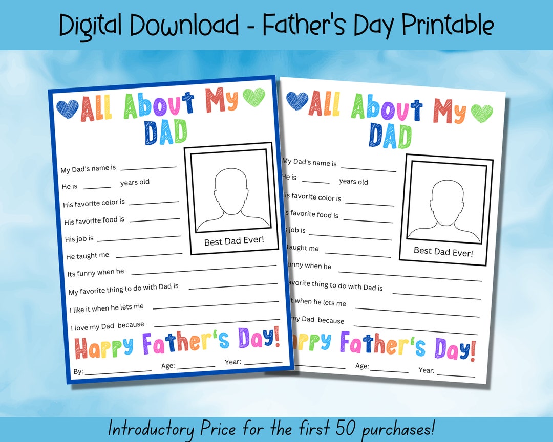 Father's Day Printable, All About My Dad, Fathers Day Gift, Card for ...