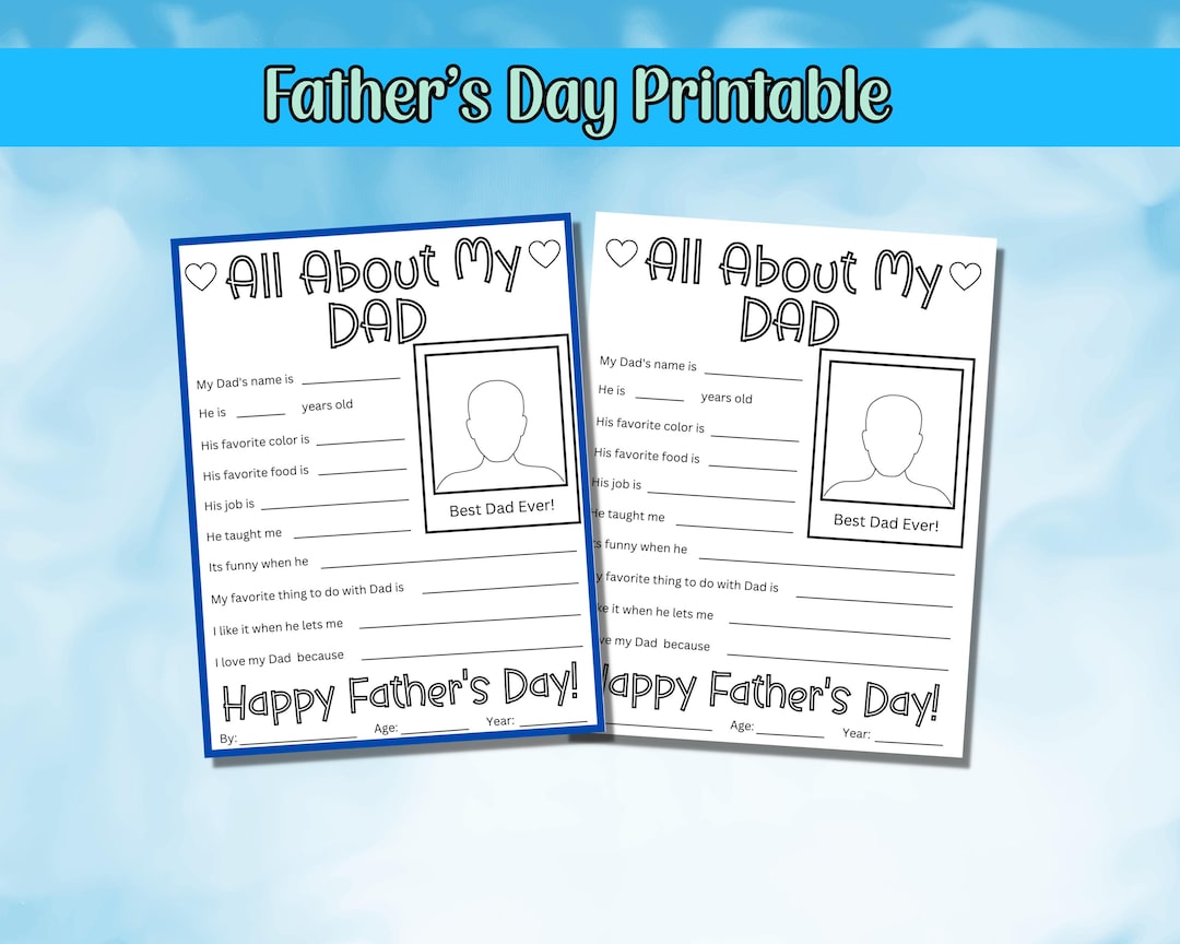 Father's Day Printable, All About My Dad, Fathers Day Gift, Card for ...