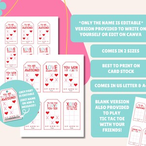 EDITABLE Tic Tac Toe Valentine Gift Tags, Printable Kids Valentine Tags ...