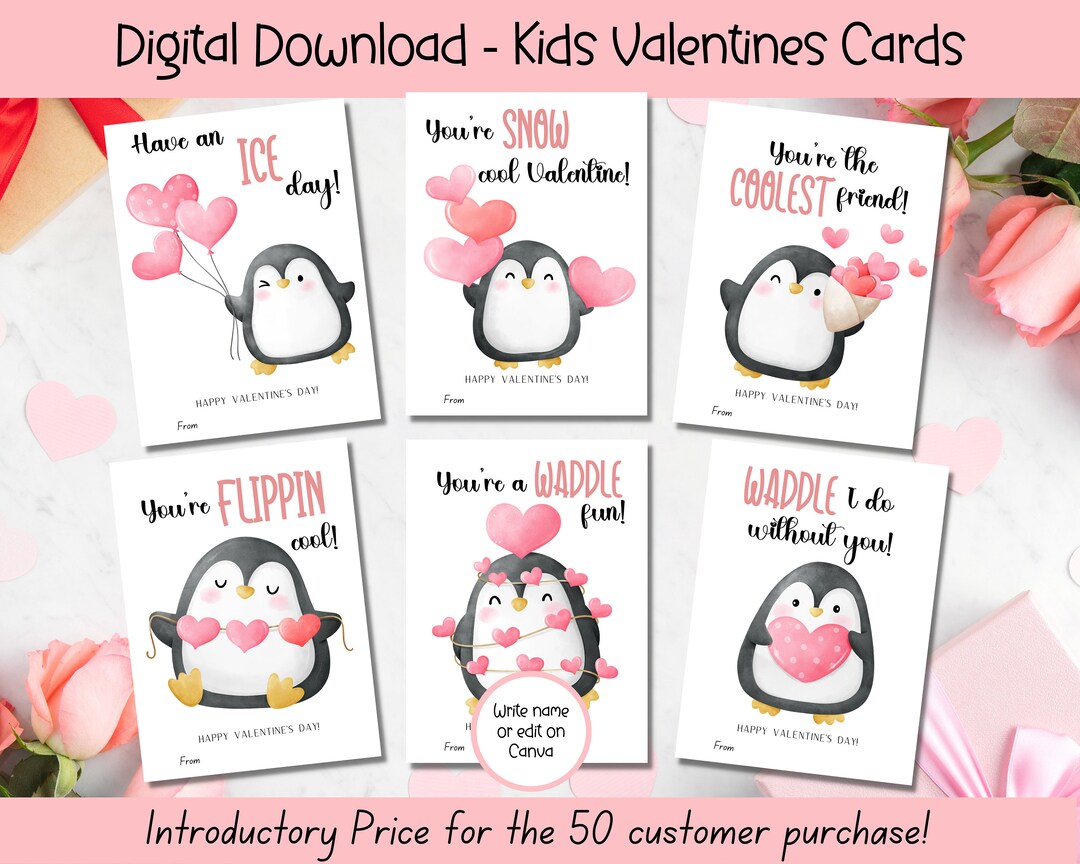 EDITABLE Penguin Valentine Cards, Classroom Valentines Day Cards, Kids ...