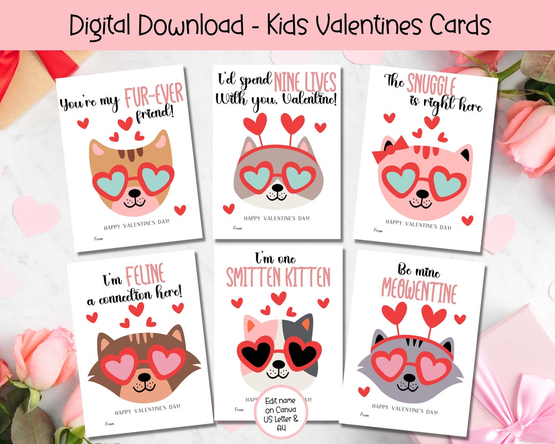 EDITABLE Printable Cat Valentine Cards, Classroom Valentines Day Cards ...