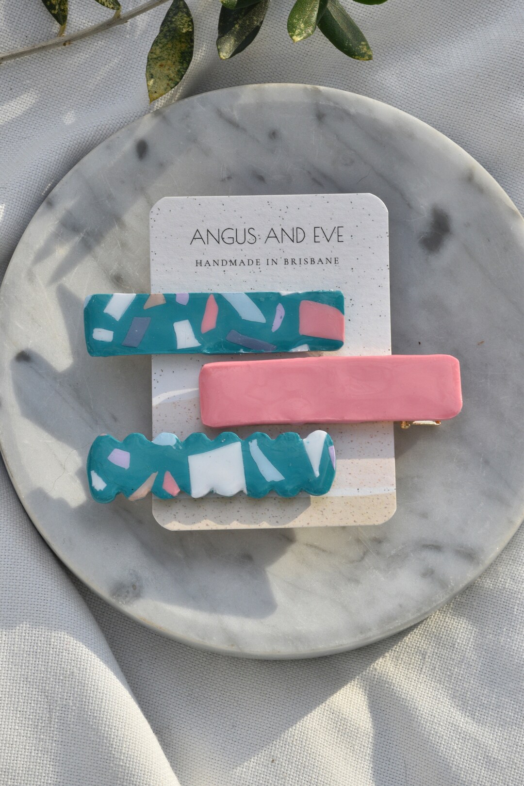 Set of 3 Handmade Polymer Clay Hair Clips, 2 Styles in Teal Terrazzo ...