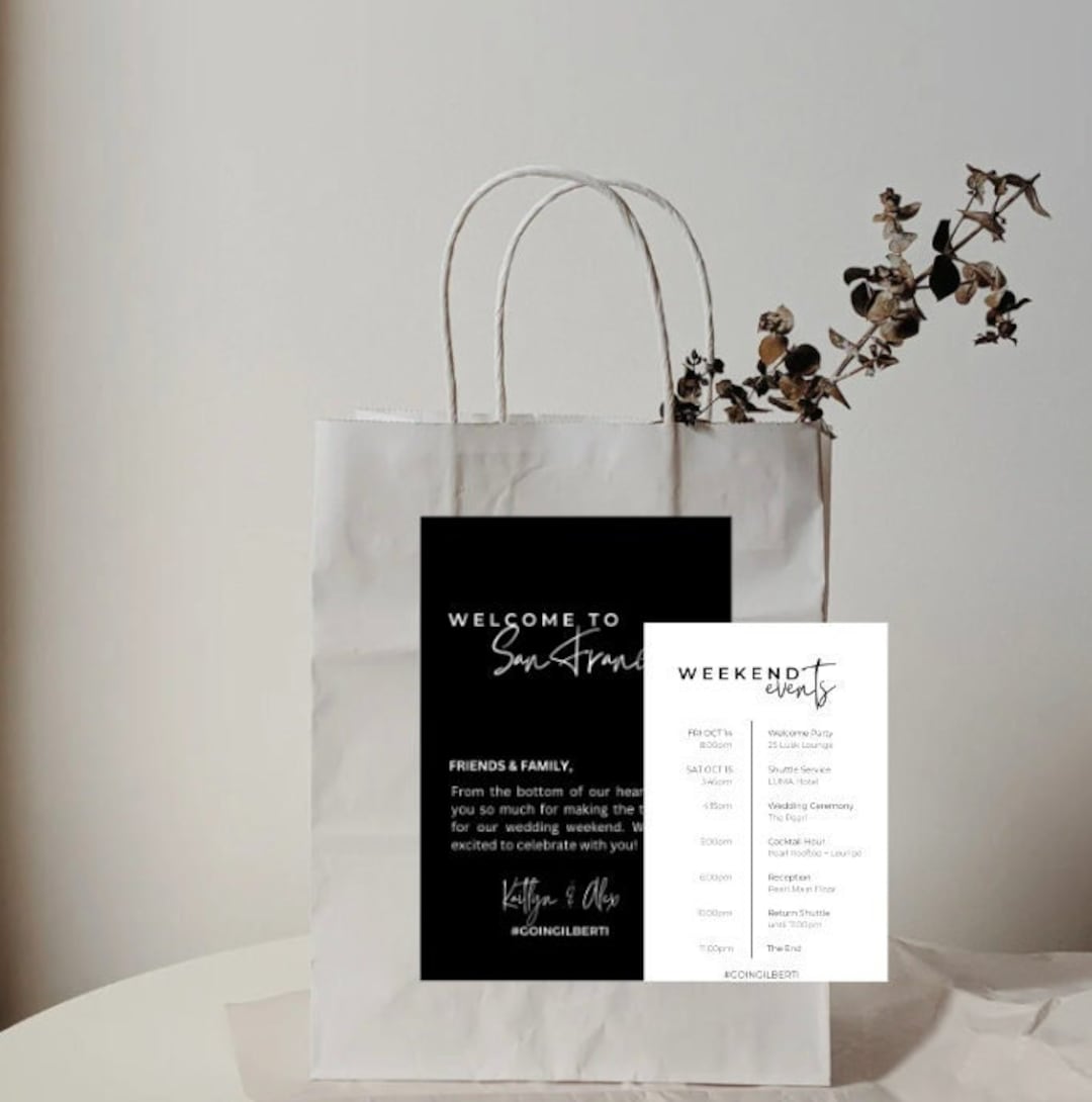 Wedding Guest Hotel Welcome Bag Letter + Wedding Timeline | Minimalist ...