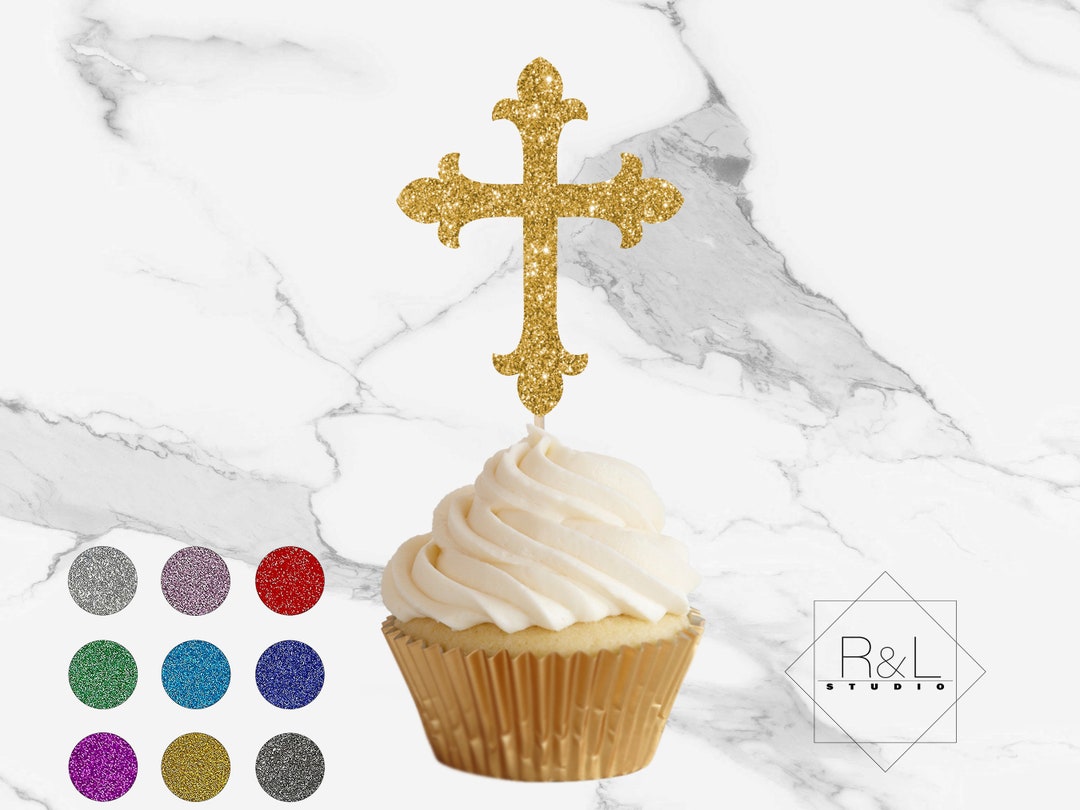 Baptism Glitter Cupcake Toppers, Cross Glitter Cupcake Topper, Baptism ...