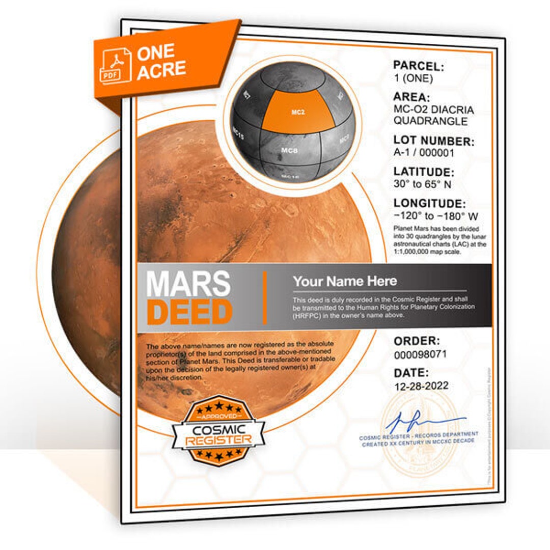 PDF Email 1 Acre Deed of Land on Mars High Quality Image - Etsy