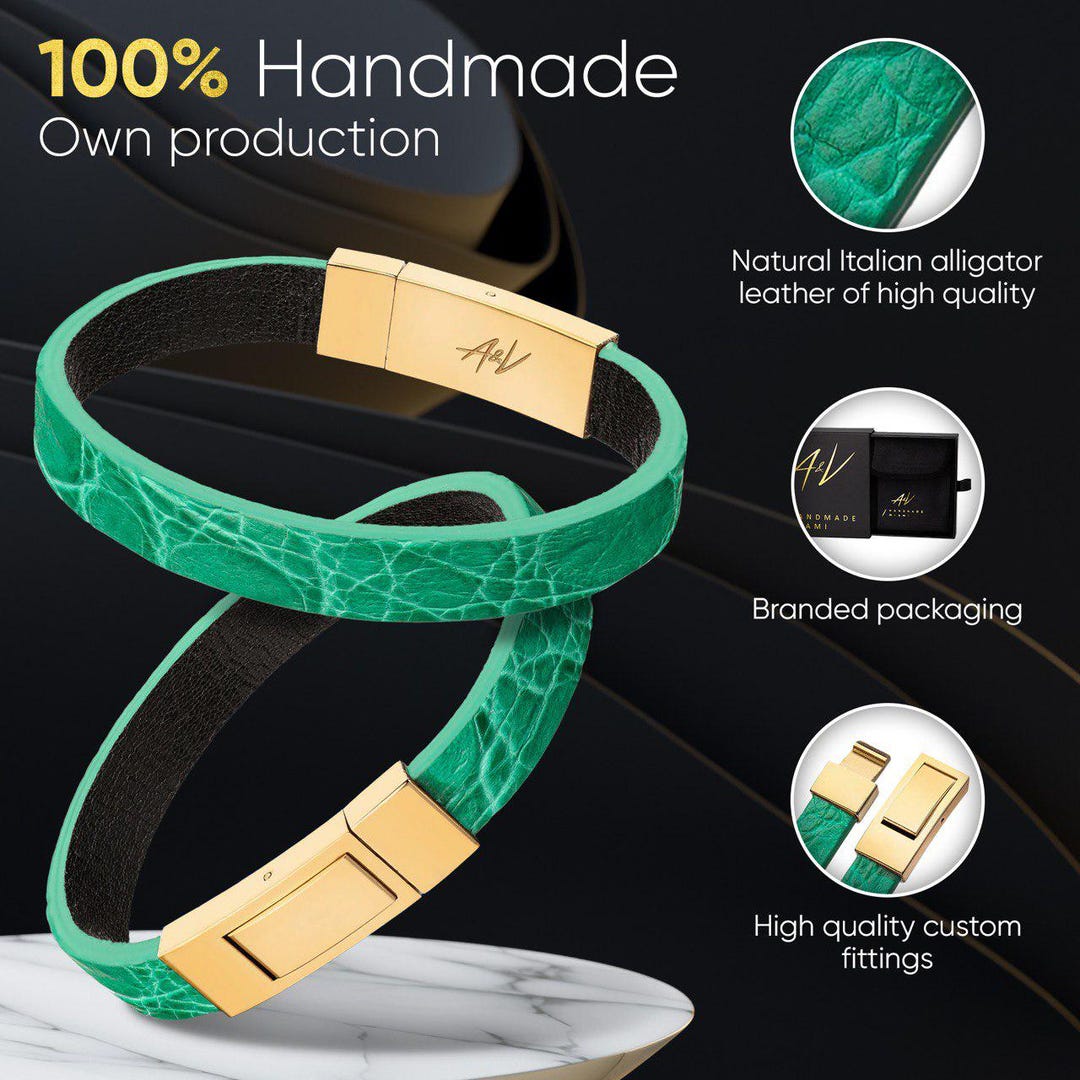 Luxury Leather Men Bracelet, Alligator Cuff Bracelet, Handmade Leather ...