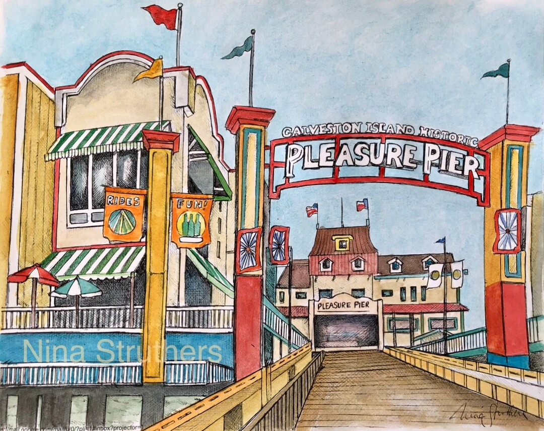 Galveston Pleasure Pier on the Seawall, Ink Illustration by Nina ...