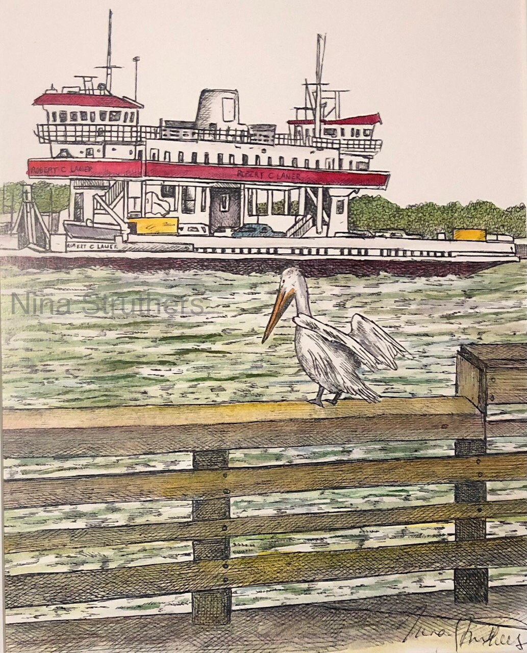 Galveston Ferry With Pelican - Art by Nina Struthers - Etsy
