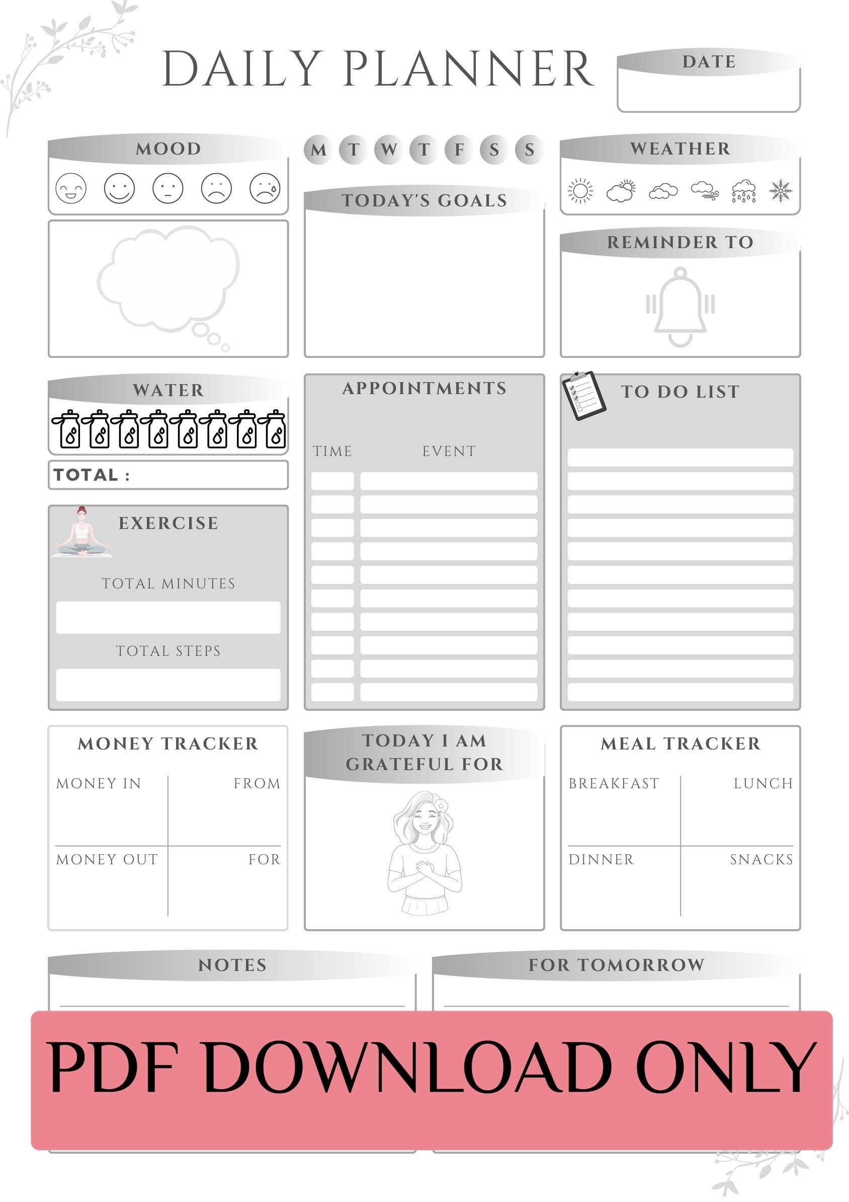 Daily Planner Printable Pdf Download. Journal, Notebook, Tracker - Etsy