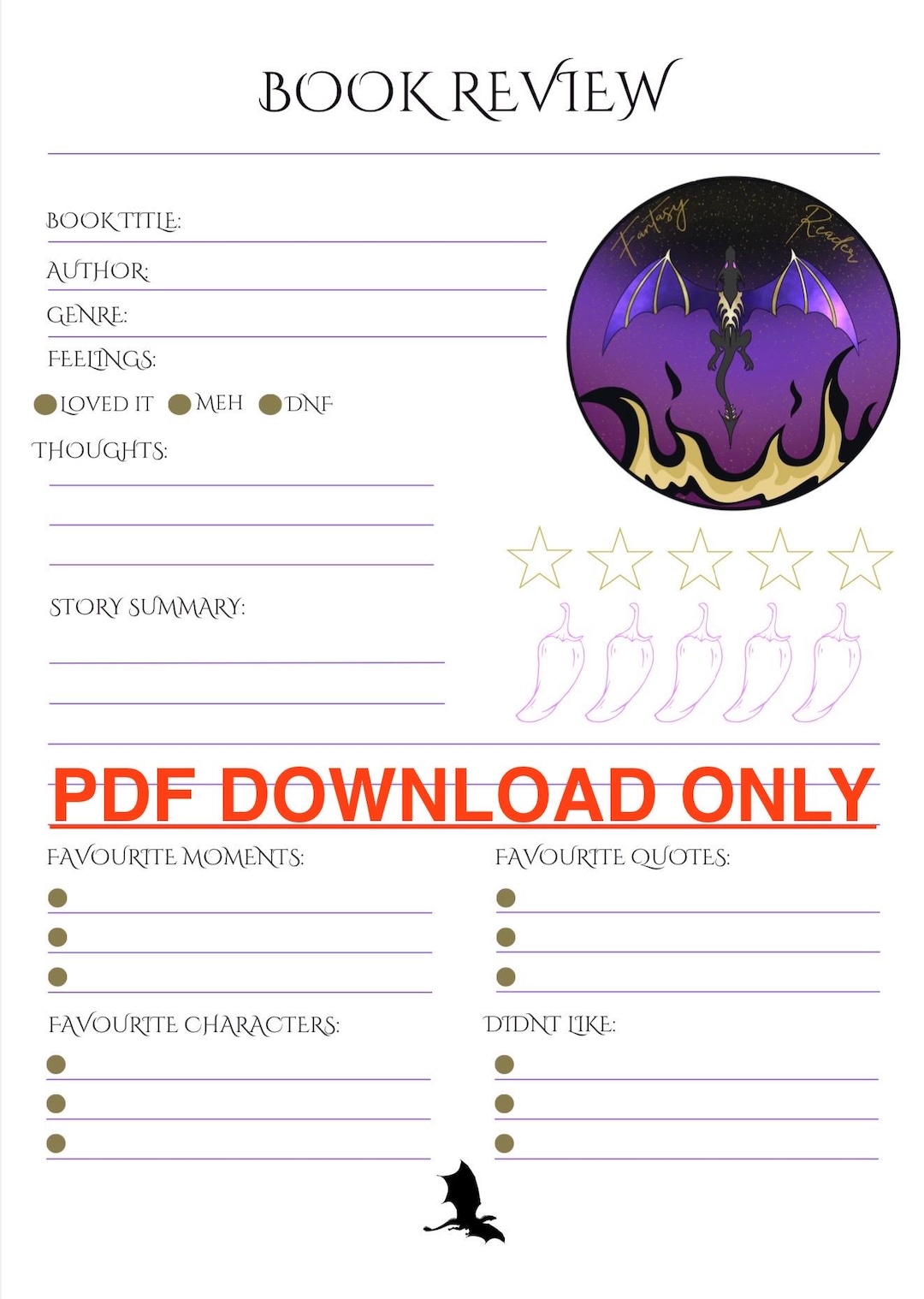 Book Review Fantasy Reader Printable PDF Download | Book Journal ...