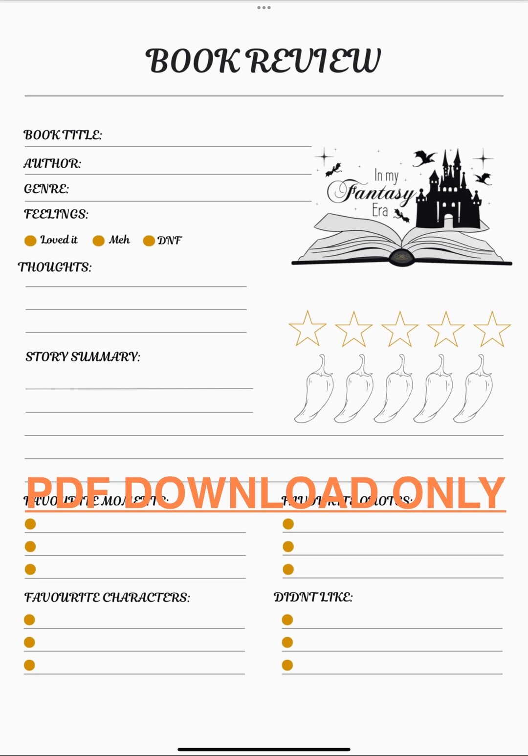 Book Review Fantasy Era Printable PDF Download | Book Journal ...