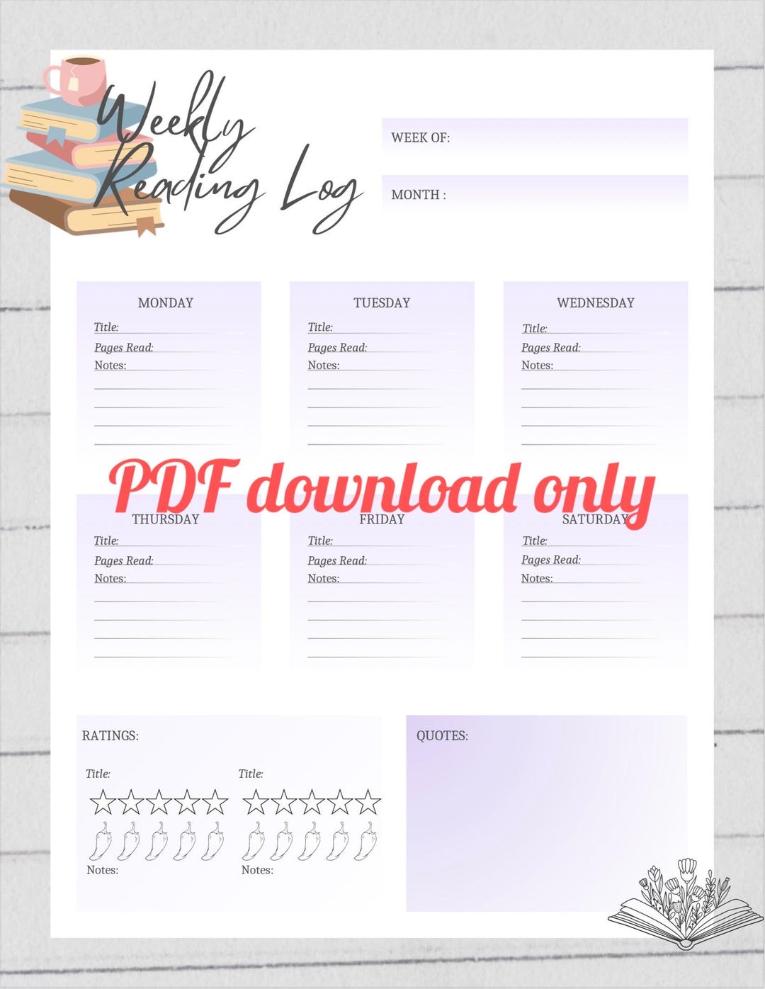 Weekly Reading Log - PRINTABLE PDF DOWNLOAD | Book Tracker | Journal ...