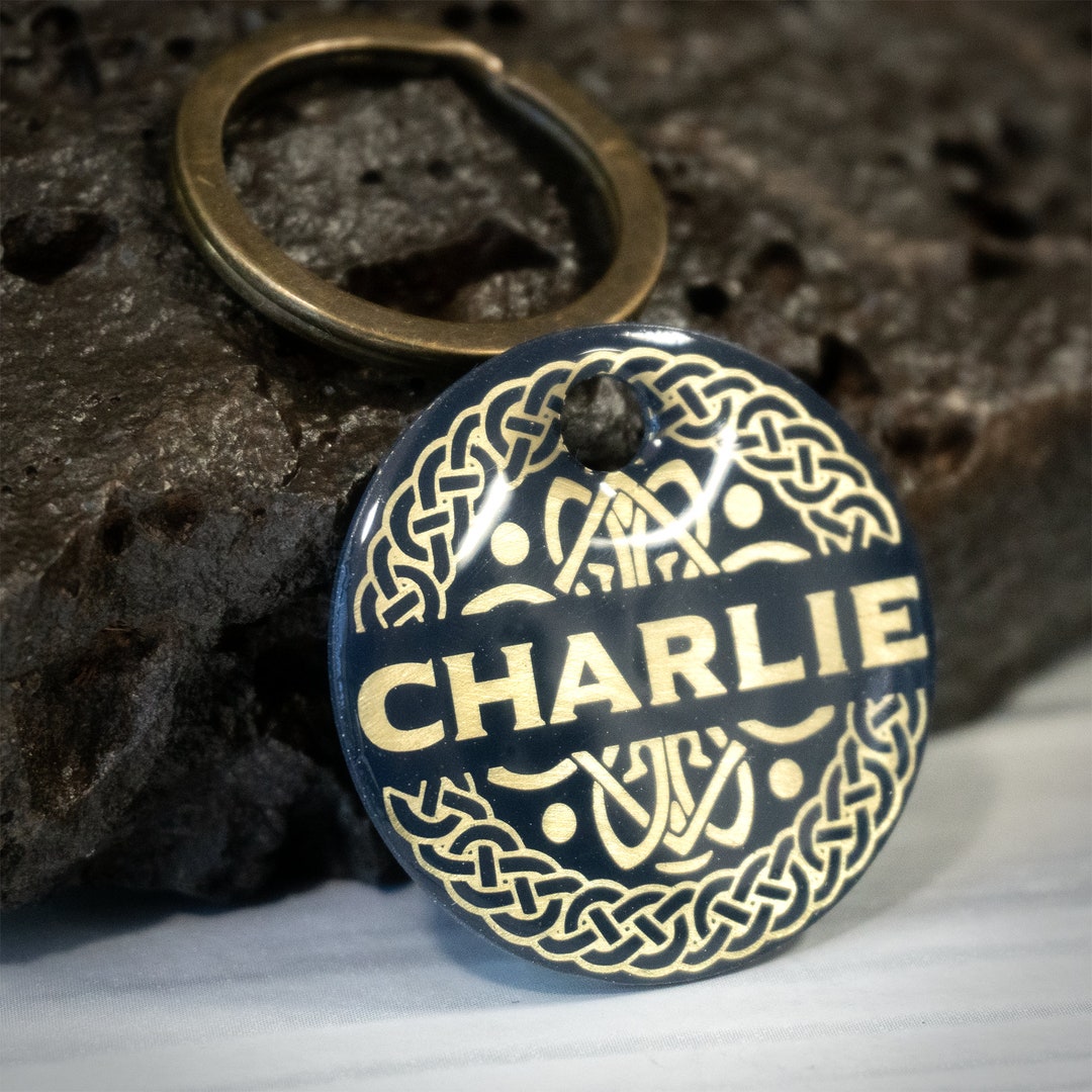 Celtic Themed Personalized Metal Dog Tag - Solid Brass and Navy Blue ...