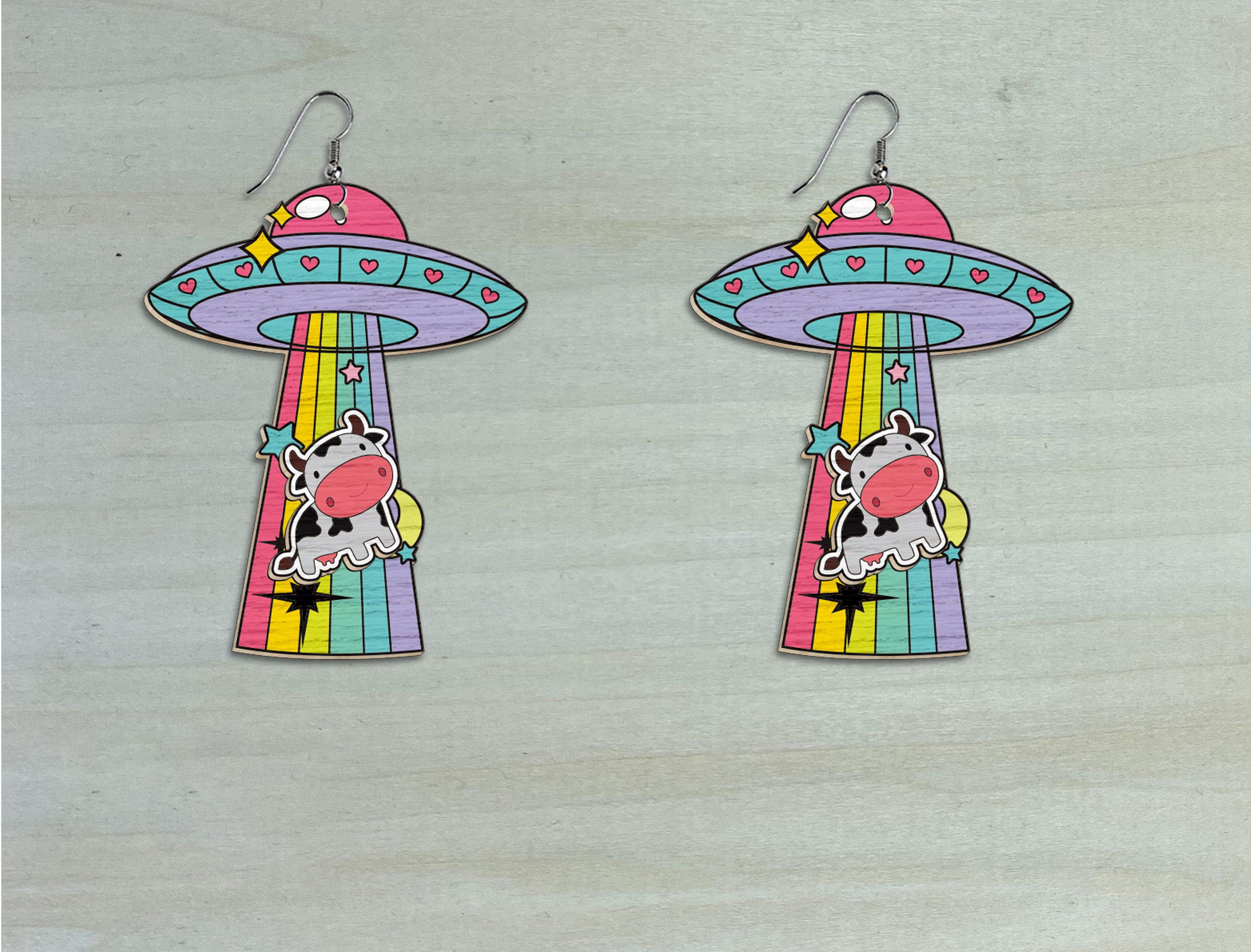 Ufo SVG, Alien Ship Beaming up Cow Earrings Svg, UFO Earrings Laser ...