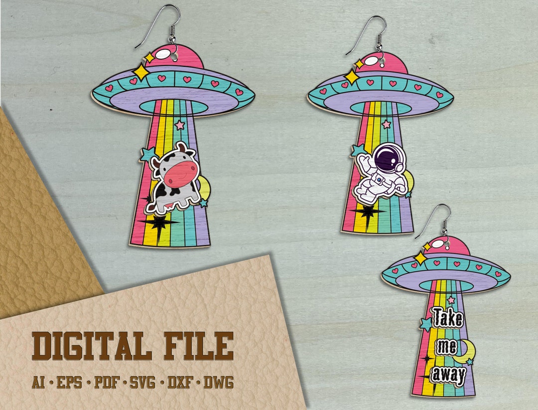 Ufo SVG, Alien Ship Beaming up Cow Earrings Svg, UFO Earrings Laser ...