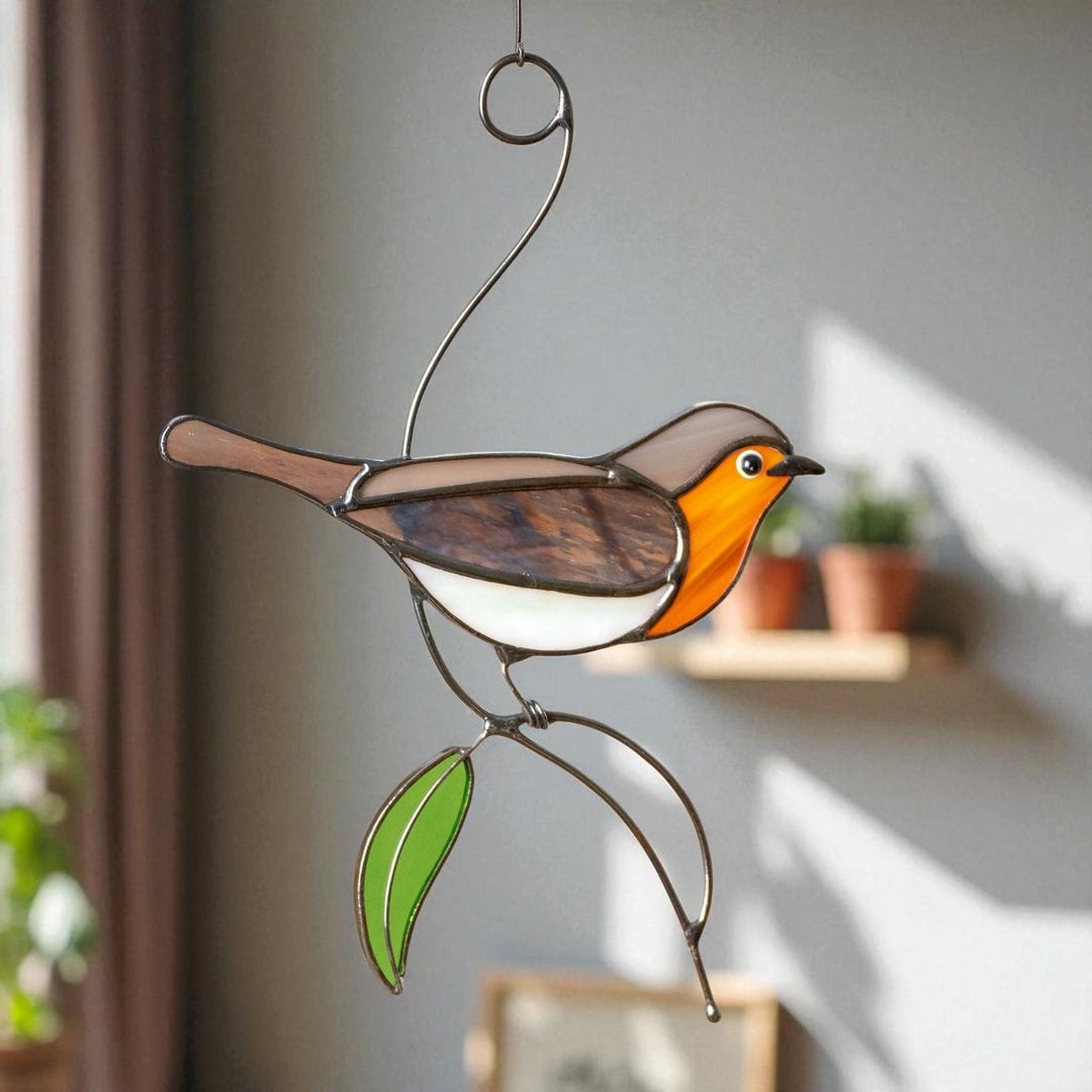 Stained Glass Robin Suncatcher: Handmade Bird Window Decor - Etsy