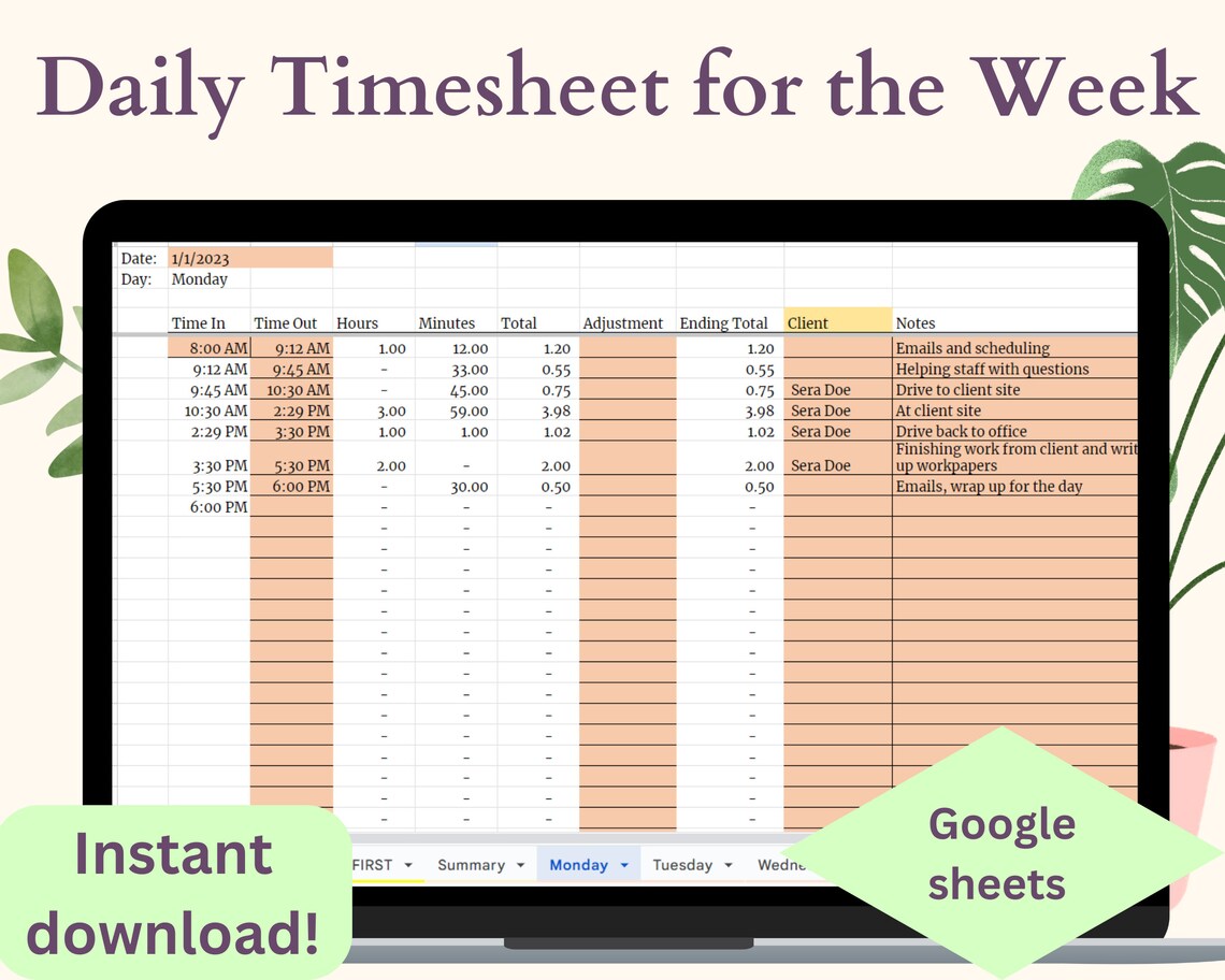 Timesheet Google Spreadsheet Template, Monday Start, Weekly, Daily Time ...