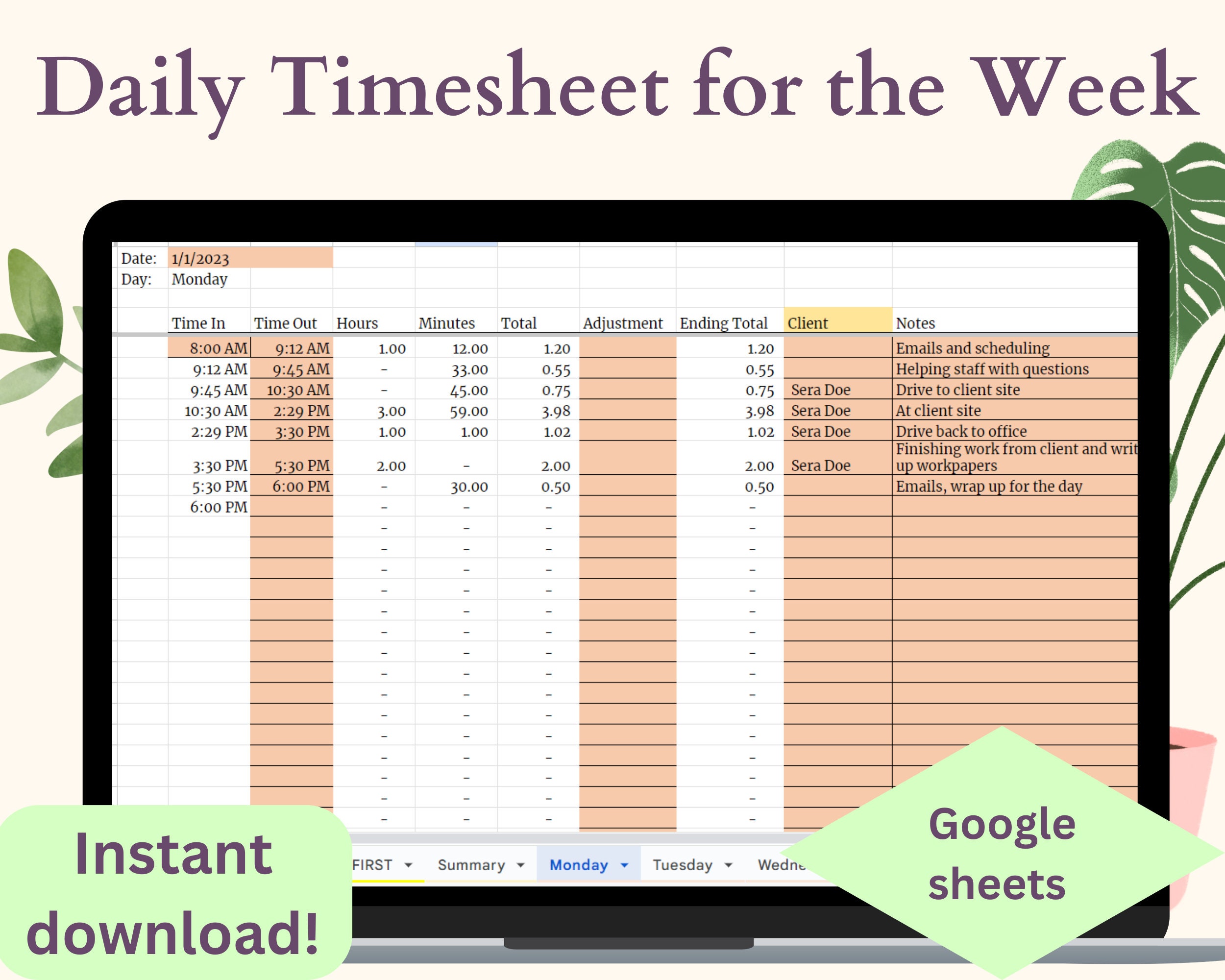 Timesheet Google Spreadsheet Template, Monday Start, Weekly, Daily Time ...