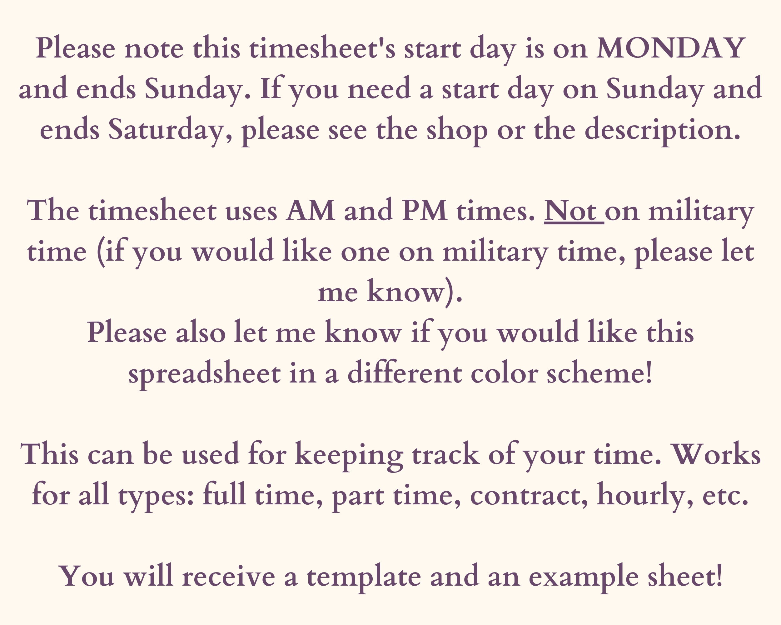 Timesheet Google Spreadsheet Template, Monday Start, Weekly, Daily Time ...