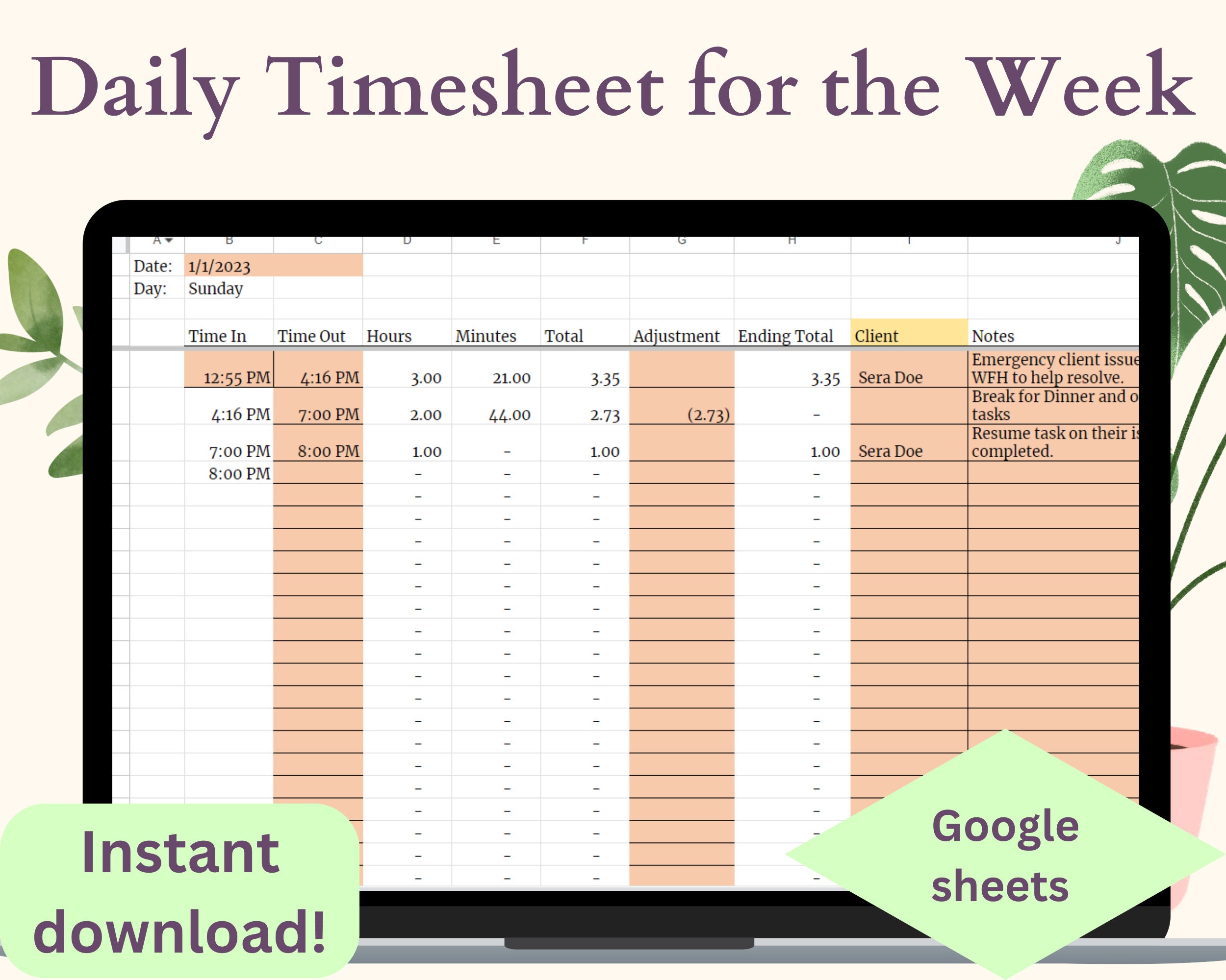 Timesheet Google Spreadsheet Template Sunday Start Weekly - Etsy