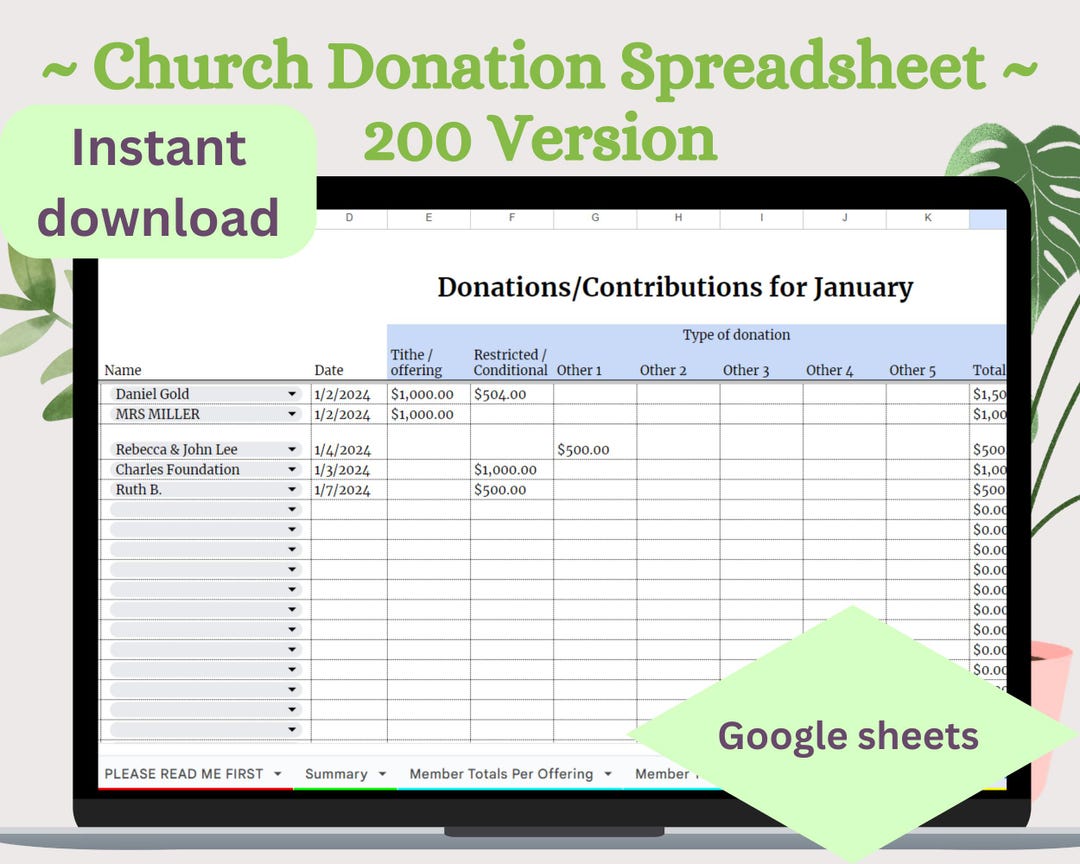 Church Donations Monthly Sheet 200, Tithe, Google Sheet, Bookkeeping ...