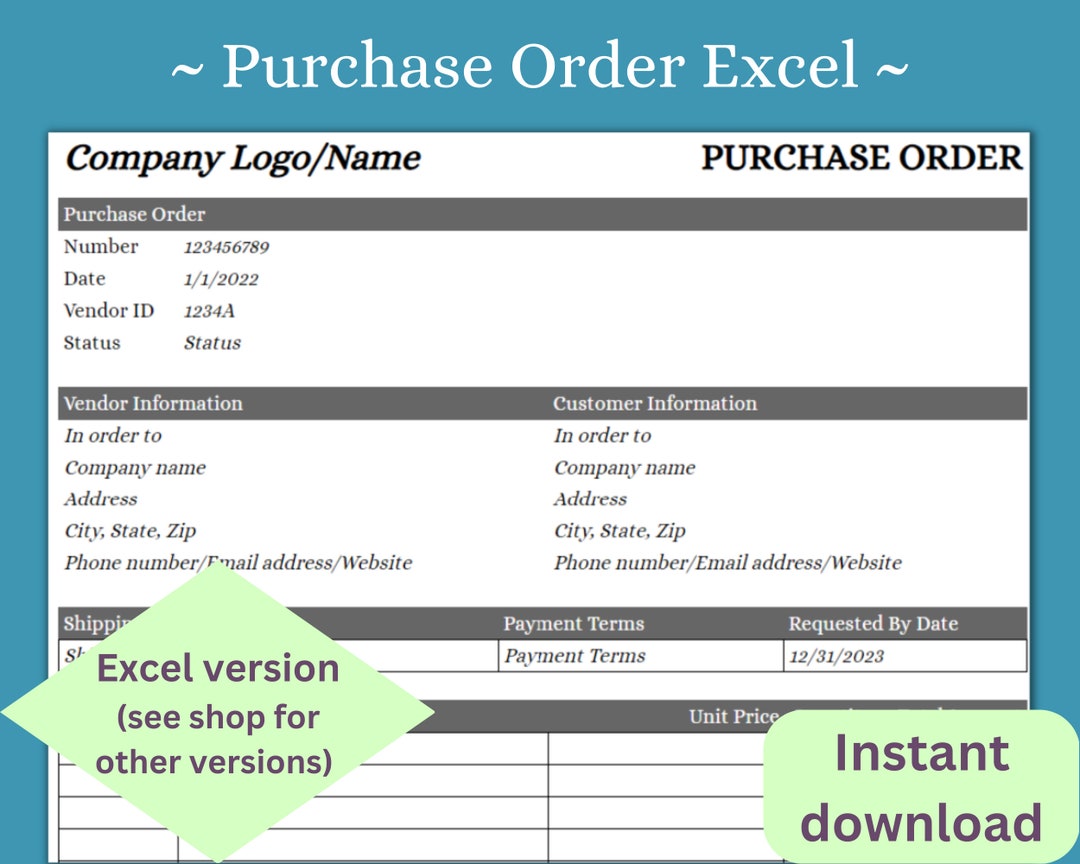 Purchase Order Excel Spreadsheet Invoice Workpaper Small - Etsy